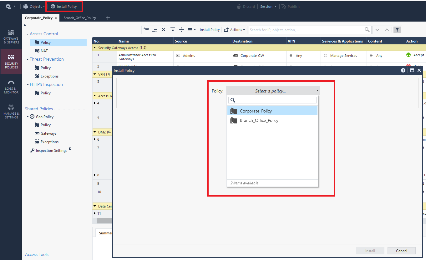 Solved: Smart Console global install policy vs target inst... - Check ...