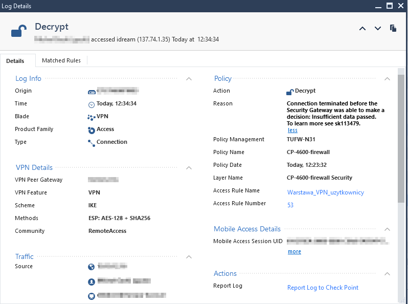 Connection terminated before the Security Gateway ... - Check Point ...