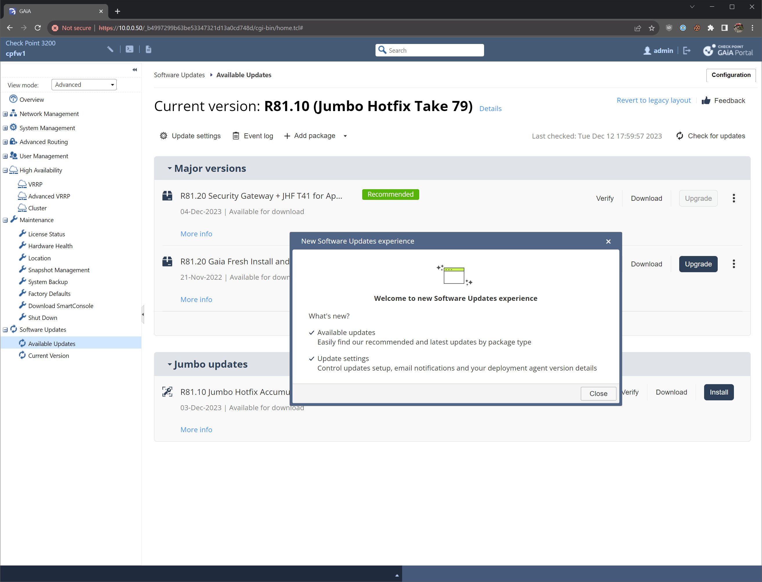 Kudos on new software update UI in GAIA console (R... - Check Point ...