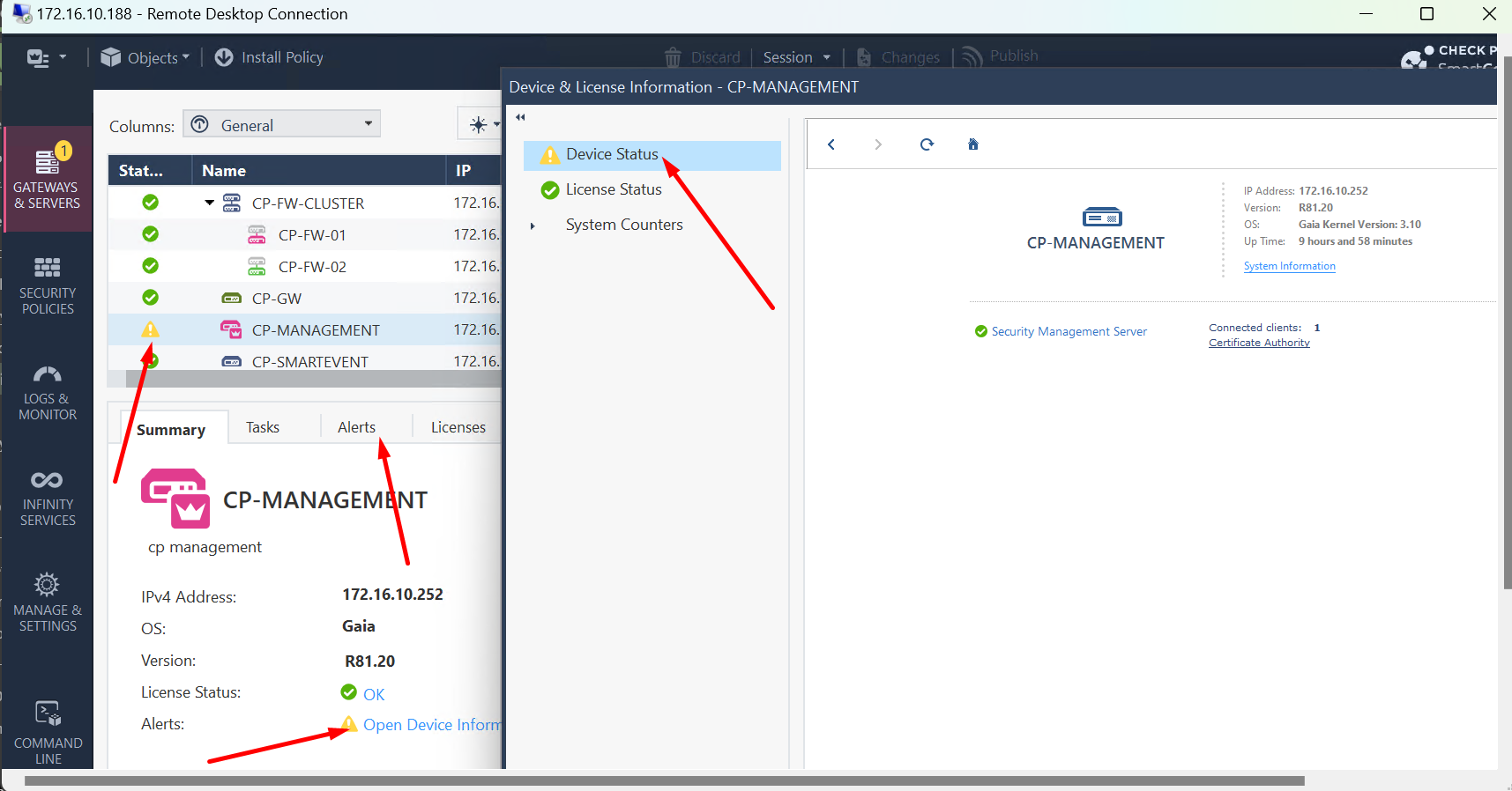 Solved Status Warning For Mgmt Server Object Check Point Checkmates