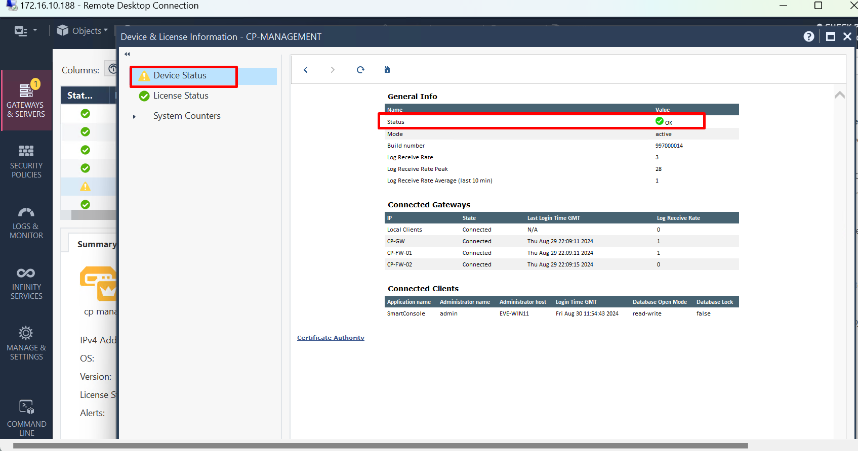 Solved Status Warning For Mgmt Server Object Check Point Checkmates
