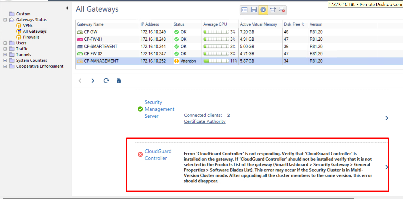Solved: Status warning for mgmt server object - Check Point CheckMates