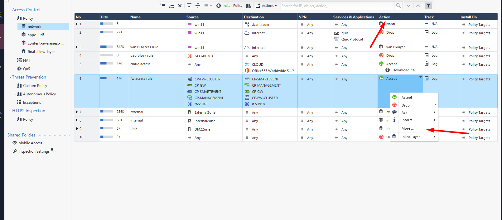 Certain options missing under action column in man... - Check Point ...