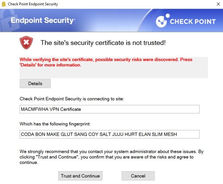 VPN Certificate Error - Check Point CheckMates