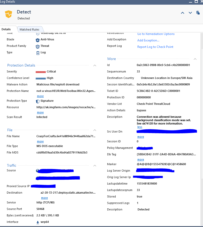 Threat emulation log Detect - Check Point CheckMates
