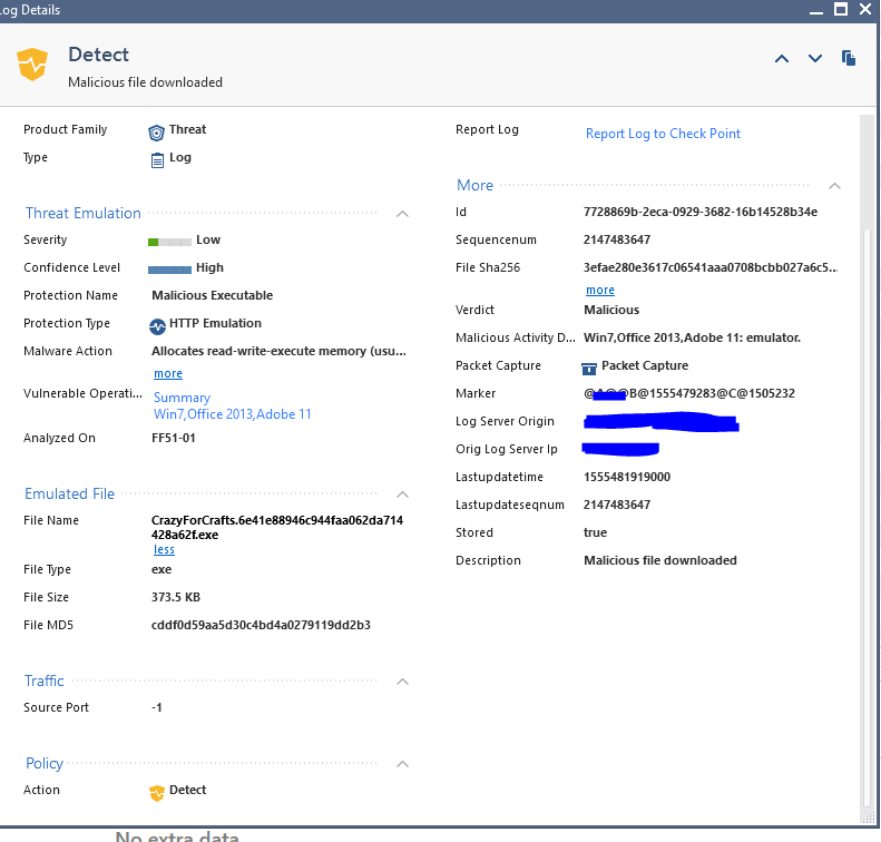 Threat emulation log Detect - Check Point CheckMates